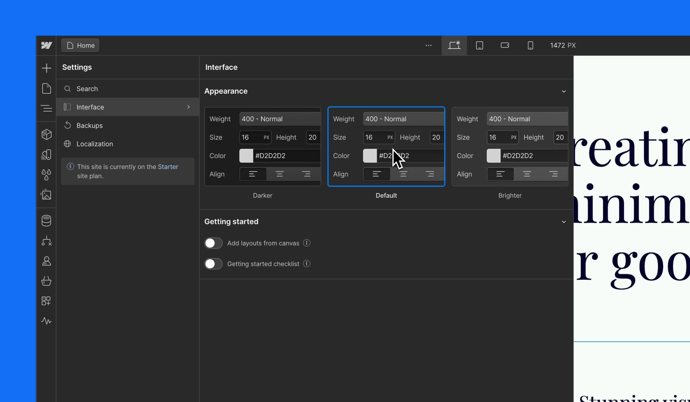 Adjust appearance settings | Webflow Features Adjust appearance settings | Webflow Features